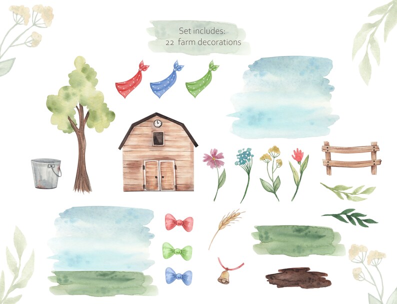 Cute Farm Watercolor Clipart, Cow, Horse, Cat, Sheep, Pig, Chicken ...