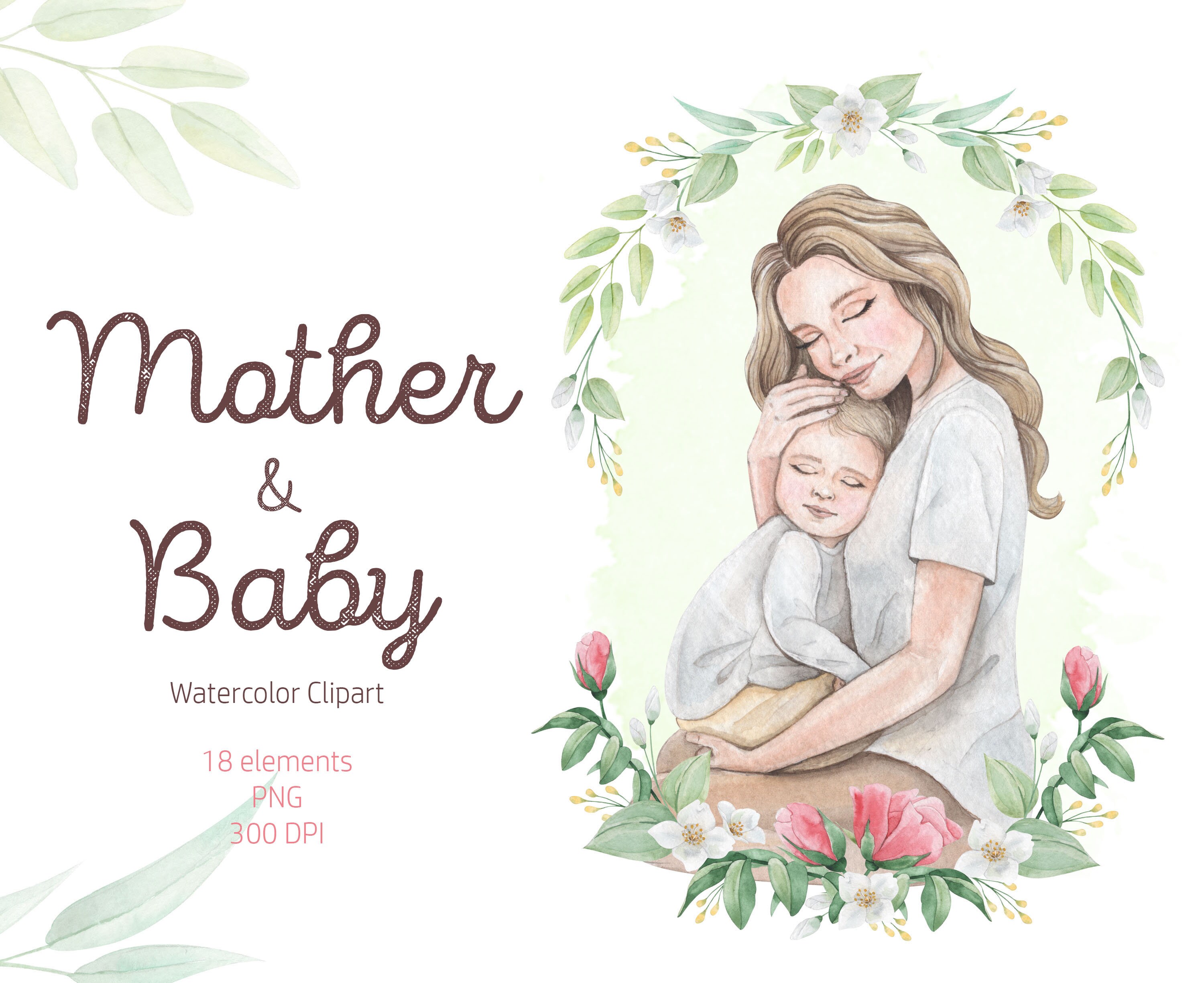 Mother and Baby Watercolor Clipart, Flower Decorations, Printable ...
