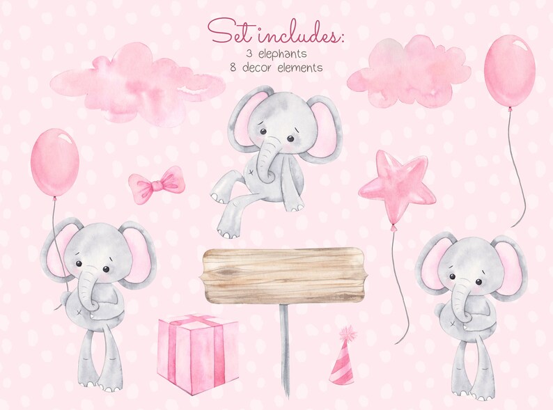 Baby Girl Elephant Watercolor Clipart, Nursery Decor, Balloons ...