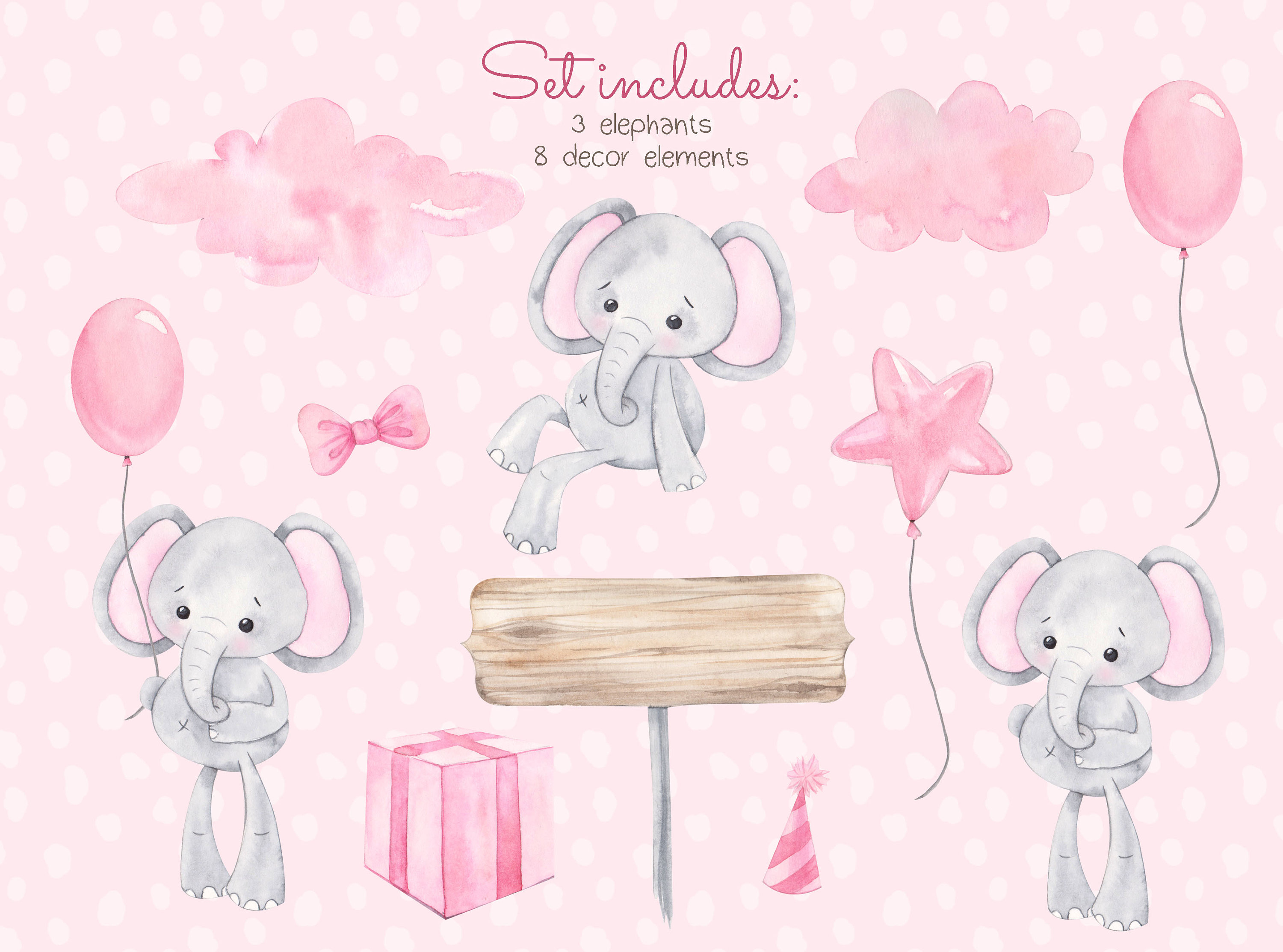 Baby Girl Elephant Watercolor Clipart, Nursery Decor, Balloons ...