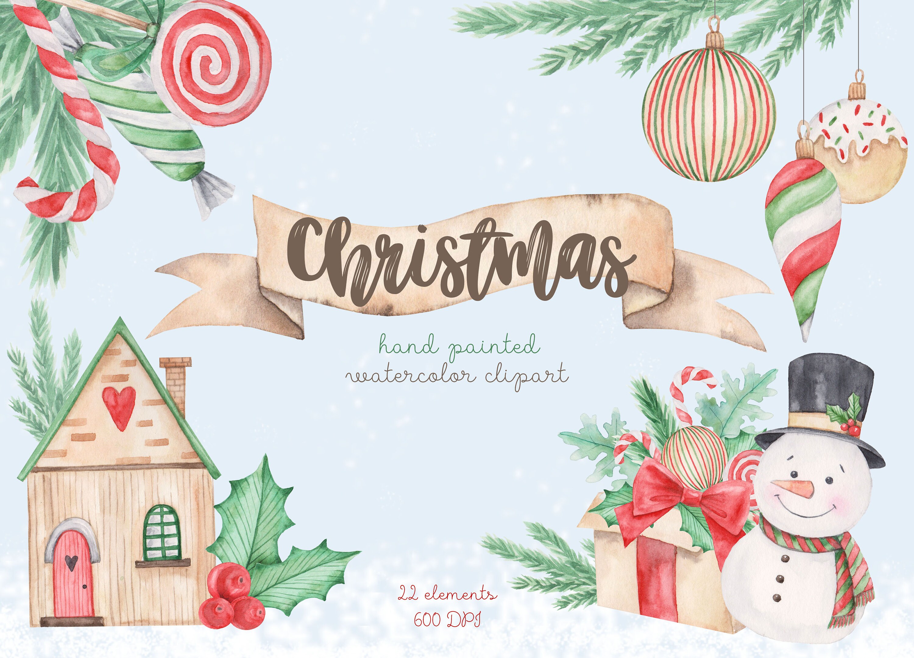 Watercolor Christmas Clip Art, Snowman, Scandinavian House, Clipart - Etsy