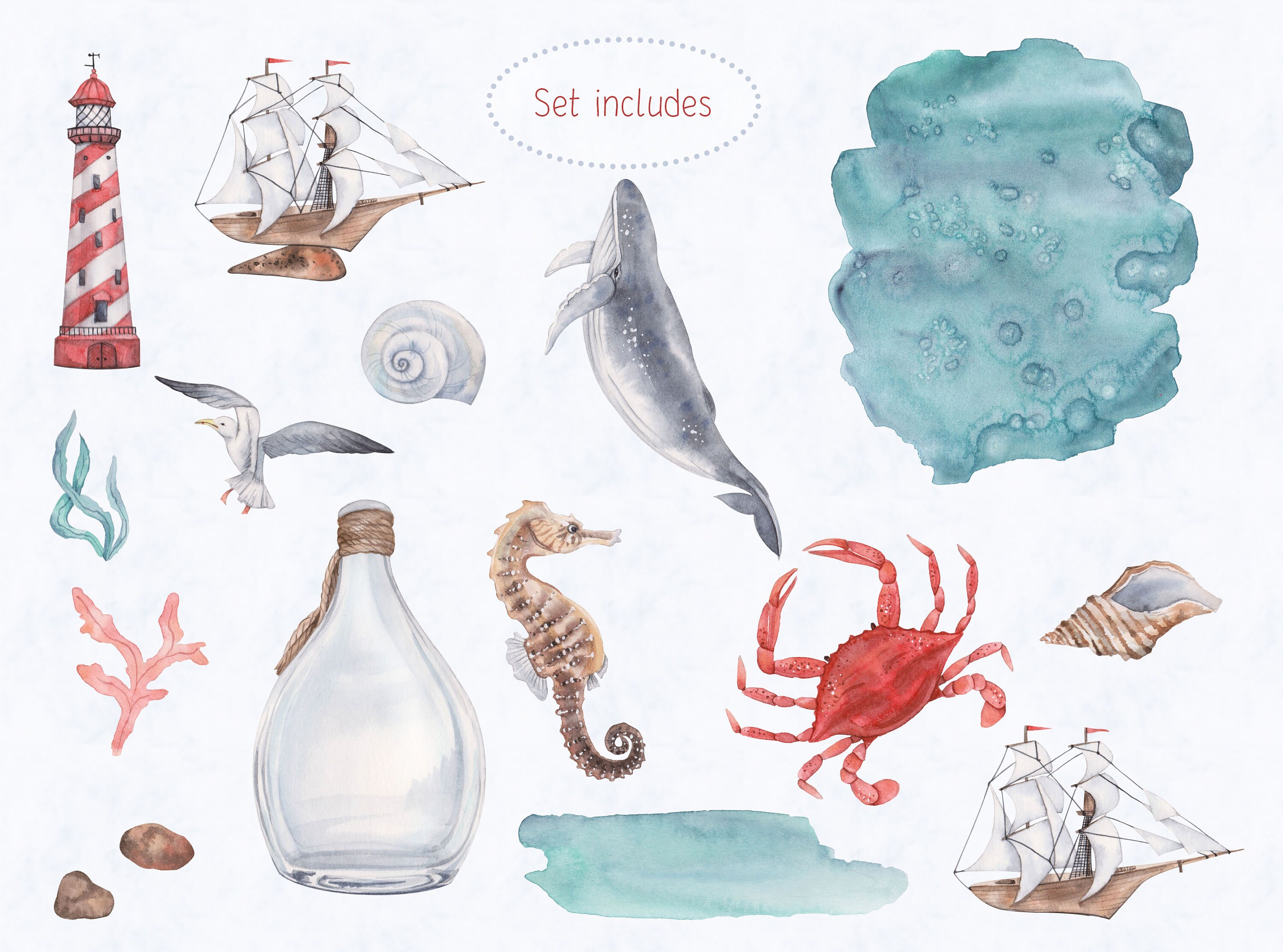 Watercolor Nautical Clipart, Beautiful Sea Creatures, Lighthouse, Whale ...