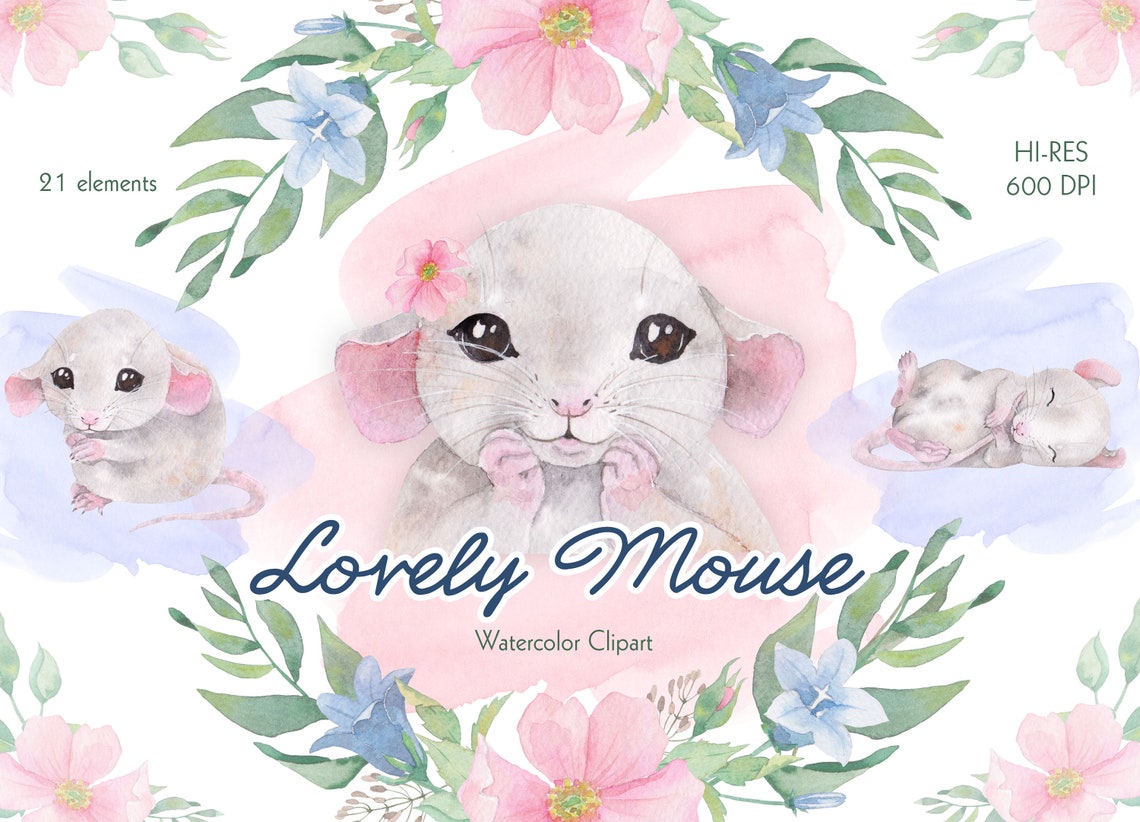 Lovely Mouse Watercolor Clipart, Baby Nursery Clip Art, Rose and ...