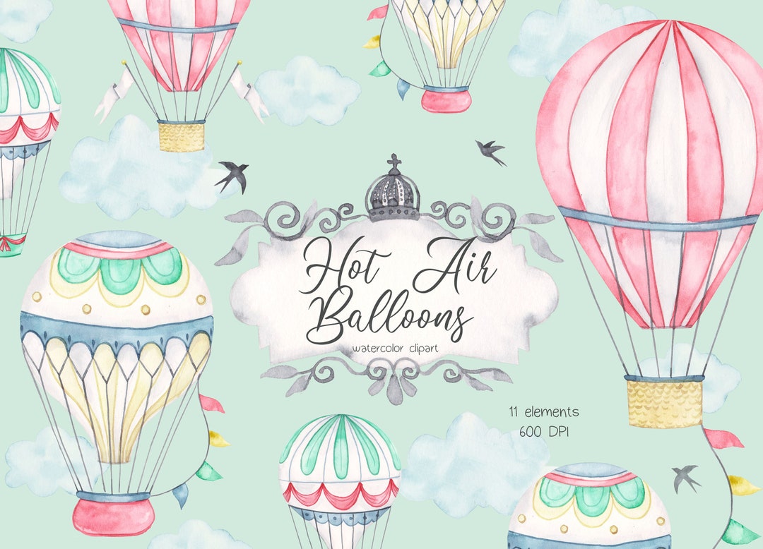 Watercolor Hot Air Balloon Clipart, Nursery Decor, Vintage, Printable ...