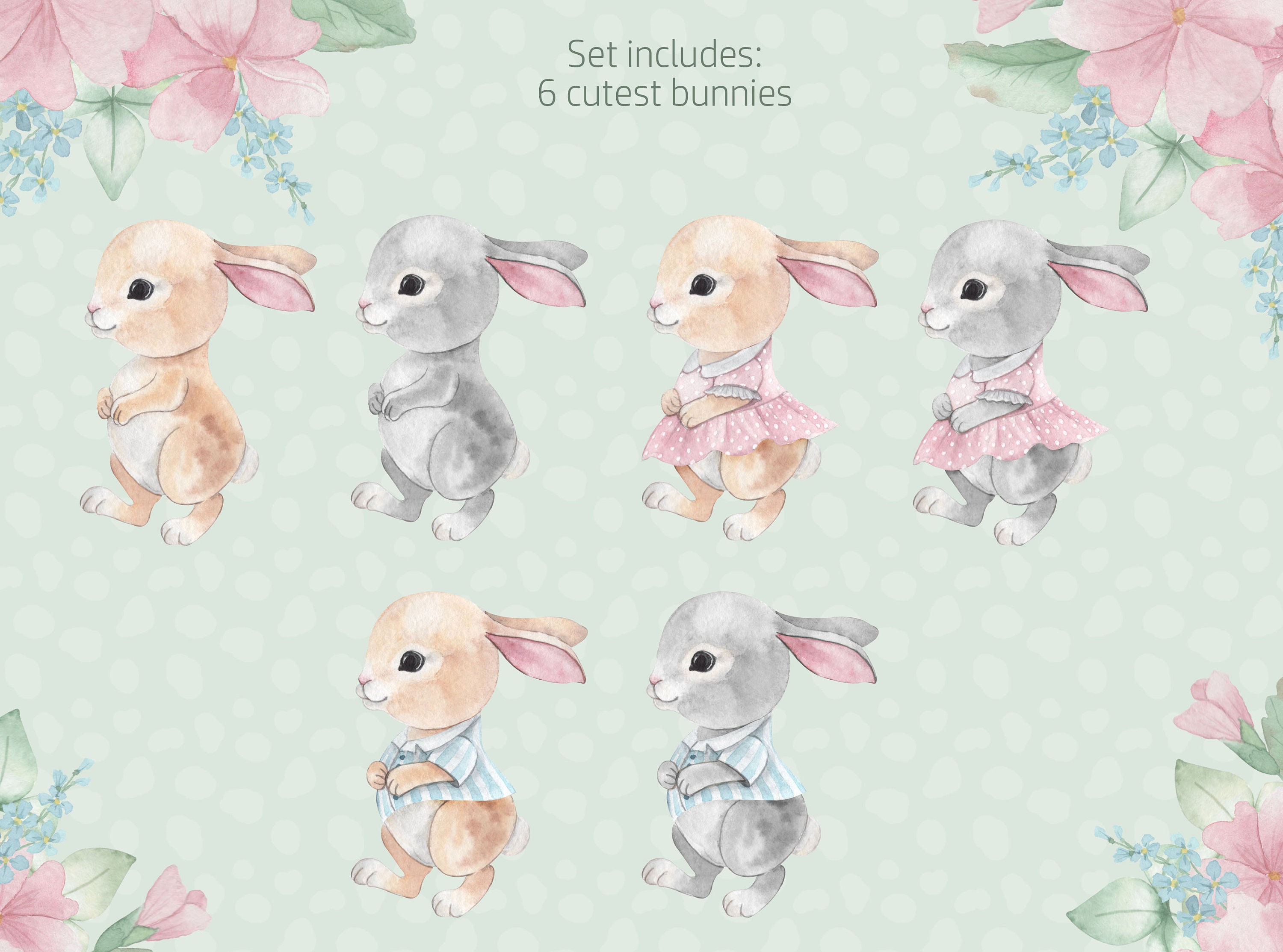Watercolor Cute Bunny Clipart, Spring Rabbit, Flower, Printable Art ...
