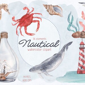 Watercolor Nautical Clipart, Beautiful Sea Creatures, Lighthouse, Whale ...