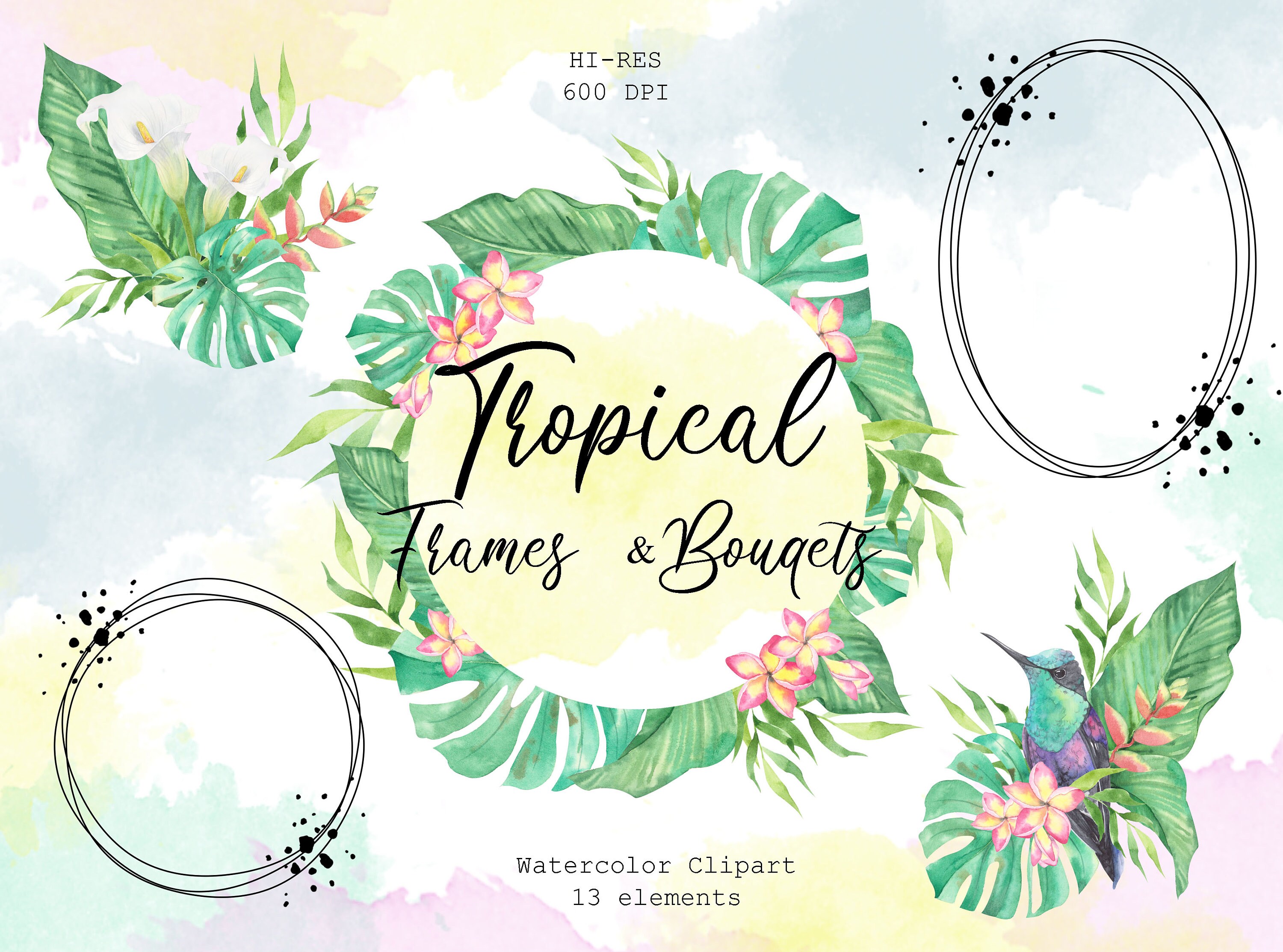 Watercolor Tropical Frames & Bouqets,palm Leaves, Plumeria, Flowers ...