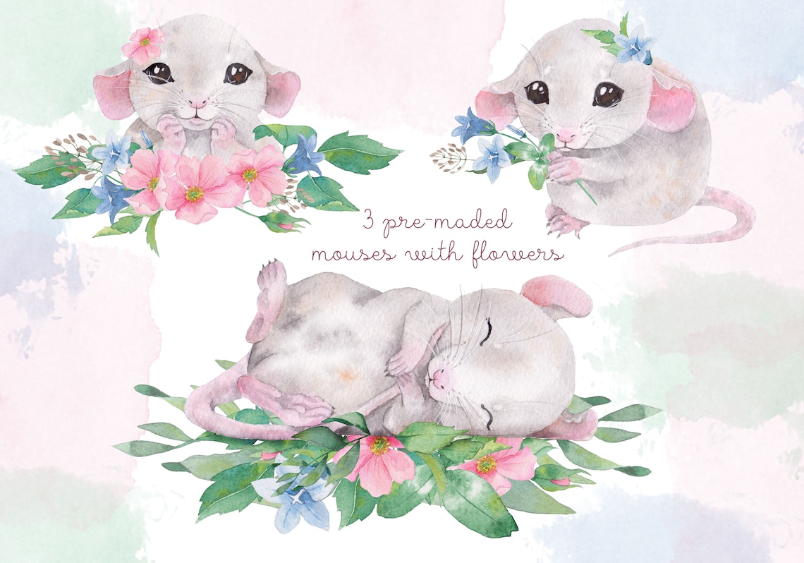 Lovely Mouse Watercolor Clipart, Baby Nursery Clip Art, Rose and ...