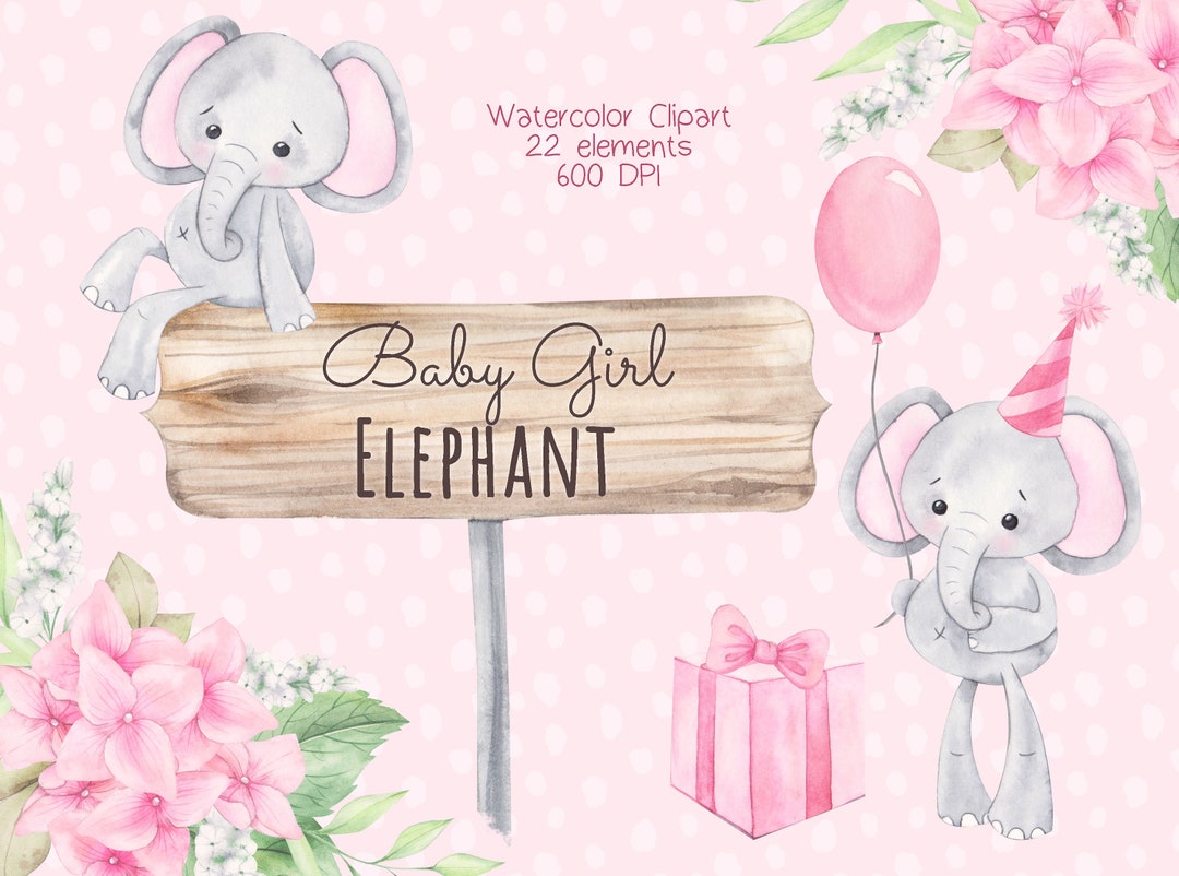 Baby Girl Elephant Watercolor Clipart, Nursery Decor, Balloons ...
