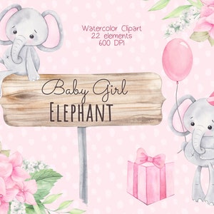 Baby Girl Elephant Watercolor Clipart, Nursery Decor, Balloons ...
