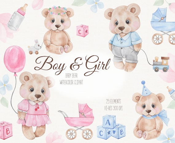 Baby Boy and Girl Bear Clipart Watercolor Clip Art Nursery - Etsy