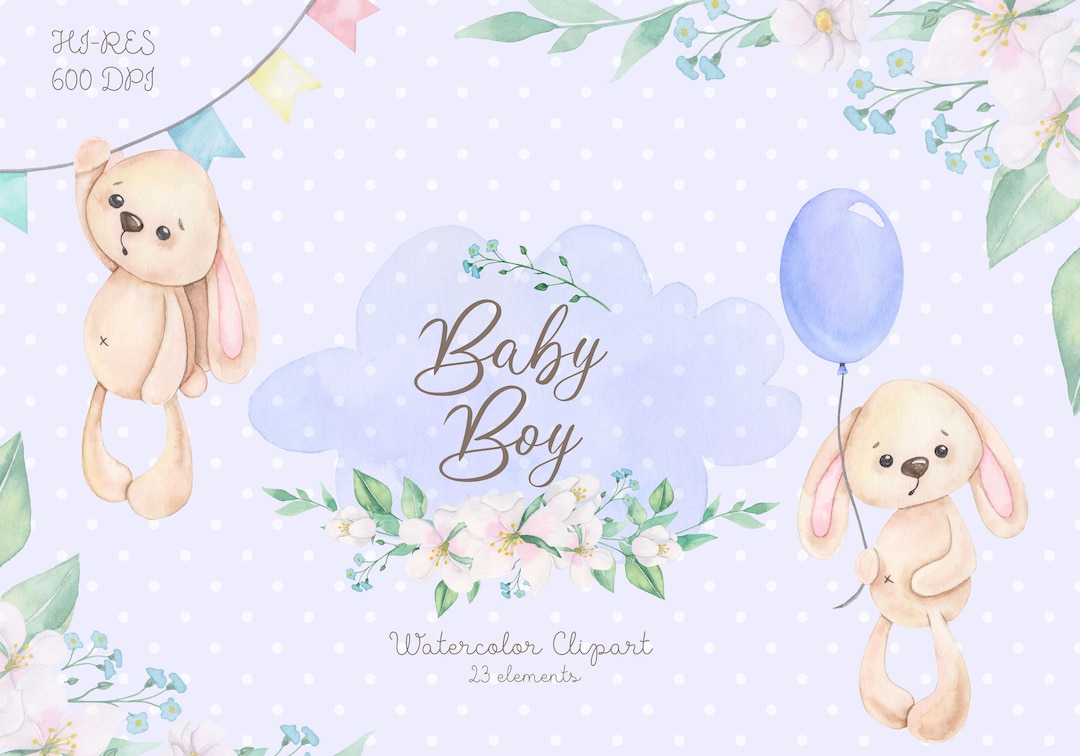 Baby Boy Bunny Watercolor Clip Art, Rabbit, Nursery Decor, Kids Clipart ...