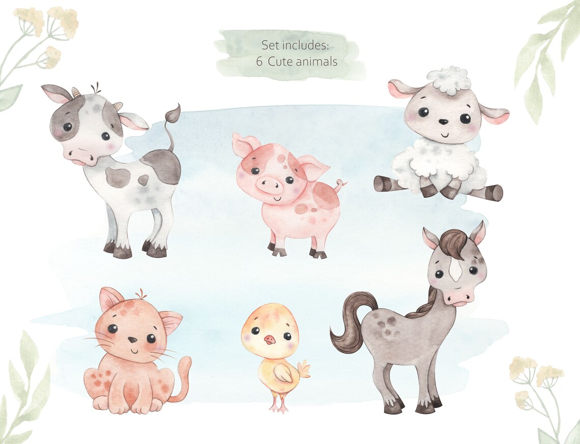 Cute Farm Watercolor Clipart, Cow, Horse, Cat, Sheep, Pig, Chicken ...