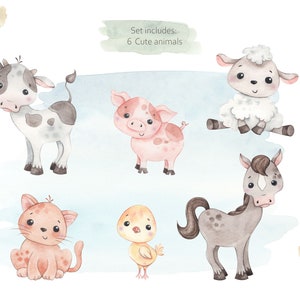 Cute Farm Watercolor Clipart, Cow, Horse, Cat, Sheep, Pig, Chicken ...