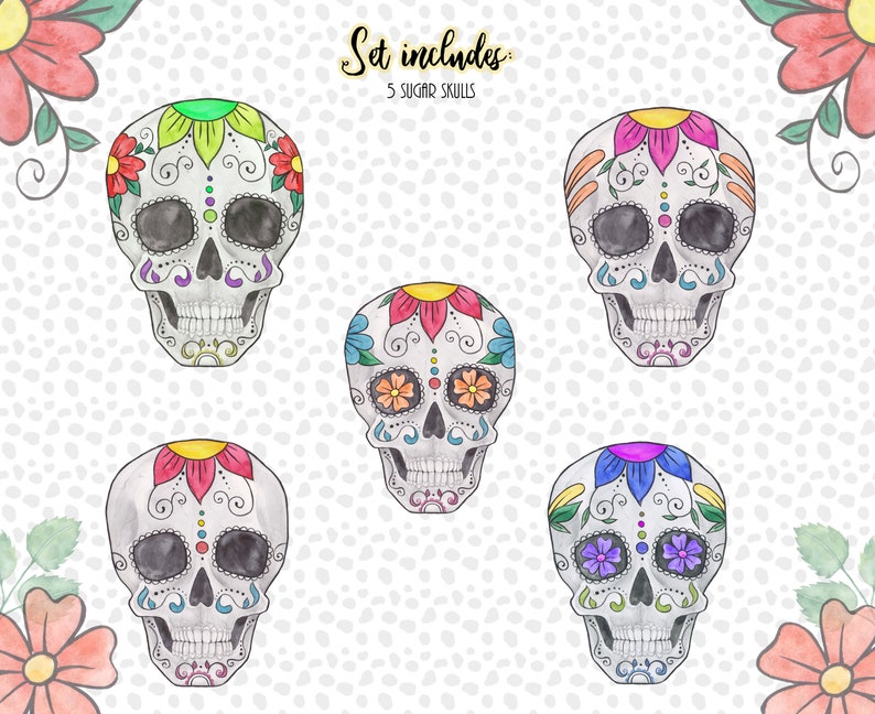 Sugar Skull Watercolor Clipart, Dia De Los Muertos, Floral Elemets ...