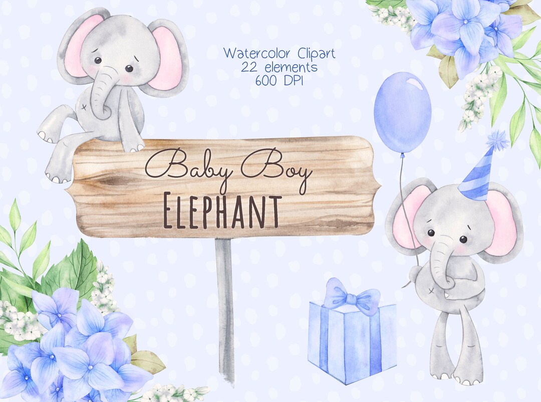 Baby Boy Elephant Watercolor Clipart, Nursery Decor, Balloons ...