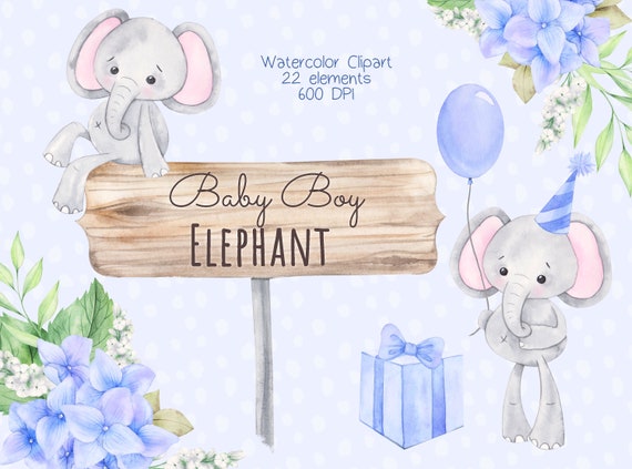 Baby Boy Elephant Watercolor Clipart Nursery Decor Balloons | Etsy