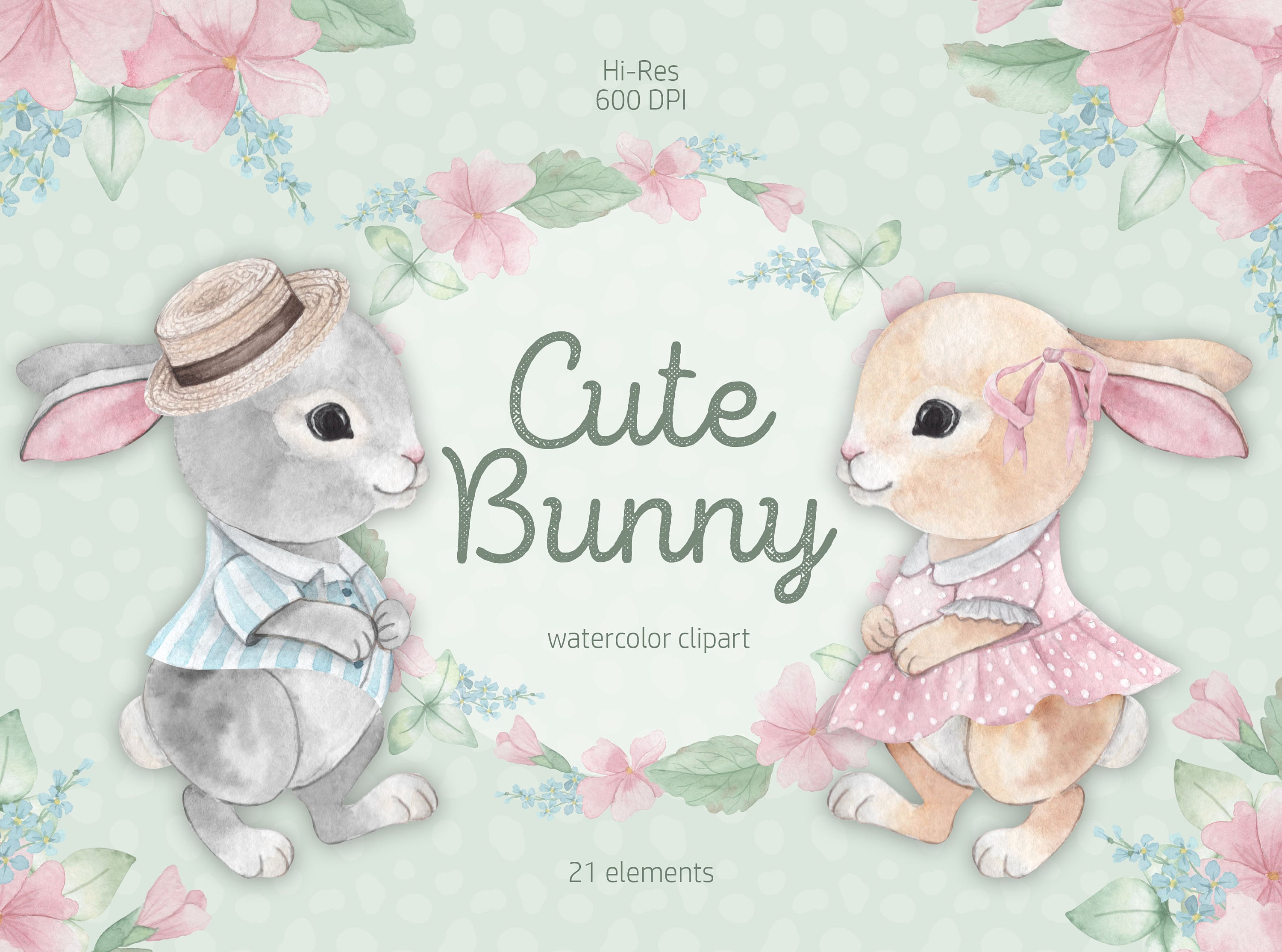 Watercolor Cute Bunny Clipart, Spring Rabbit, Flower, Printable Art ...