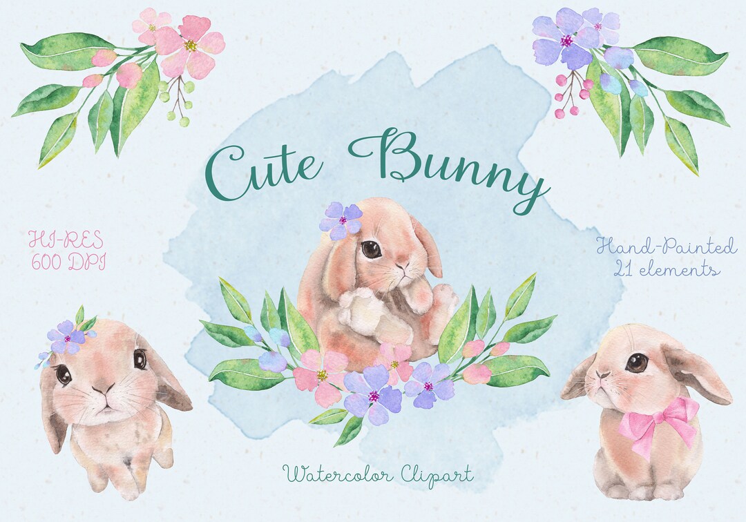 Cute Bunny Watercolor Clipart, Baby Girl & Boy Clip Art, Nursery Decor ...