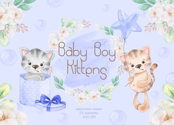 Baby Boy Watercolor Kitten Cat Clipart Nursery Decor Kids | Etsy