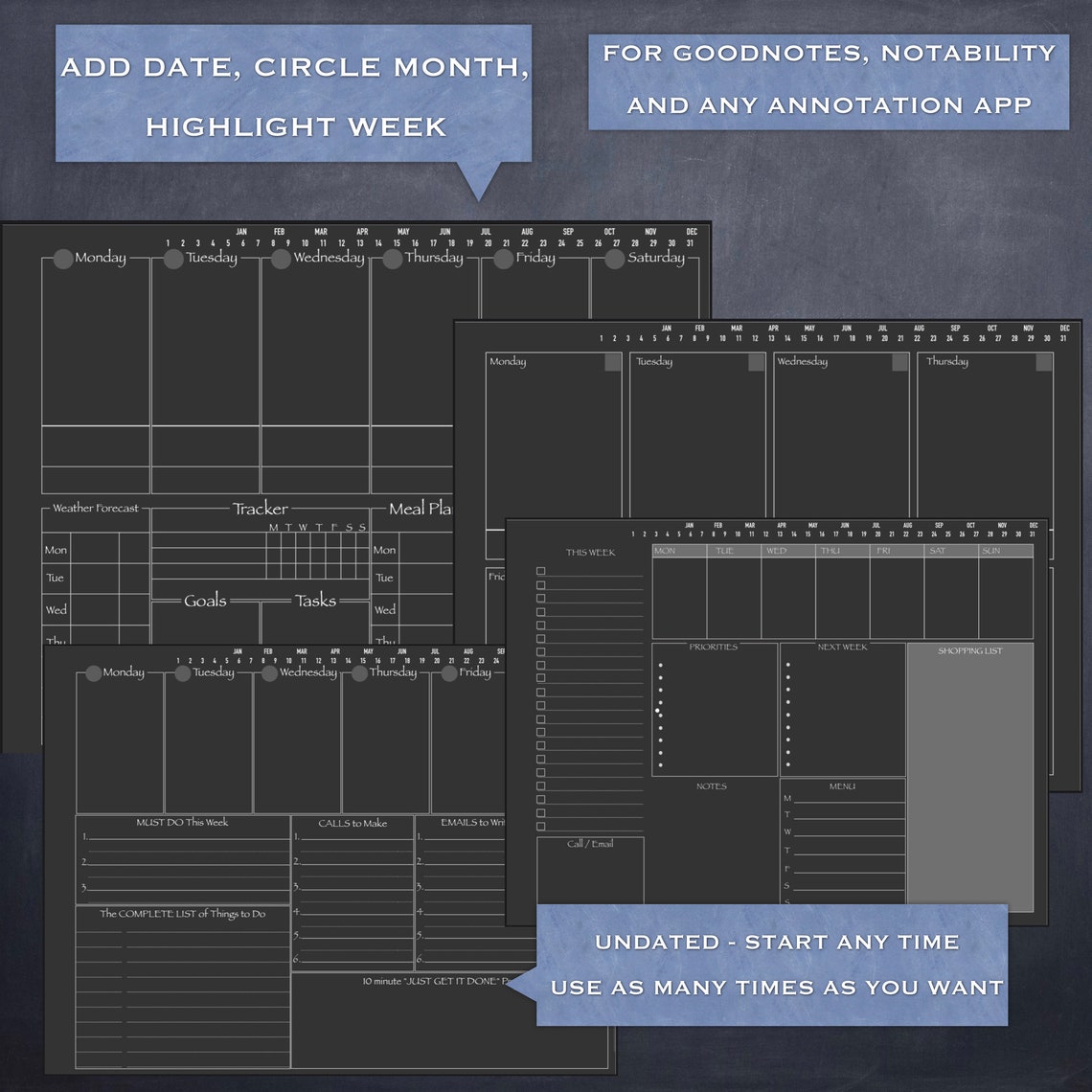 8 WEEKLY DARK Mode TEMPLATES for Planning Your Week/ Digital Templates ...