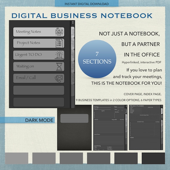 Digital Notebook DARK MODE Business Notebook for Goodnotes | Etsy