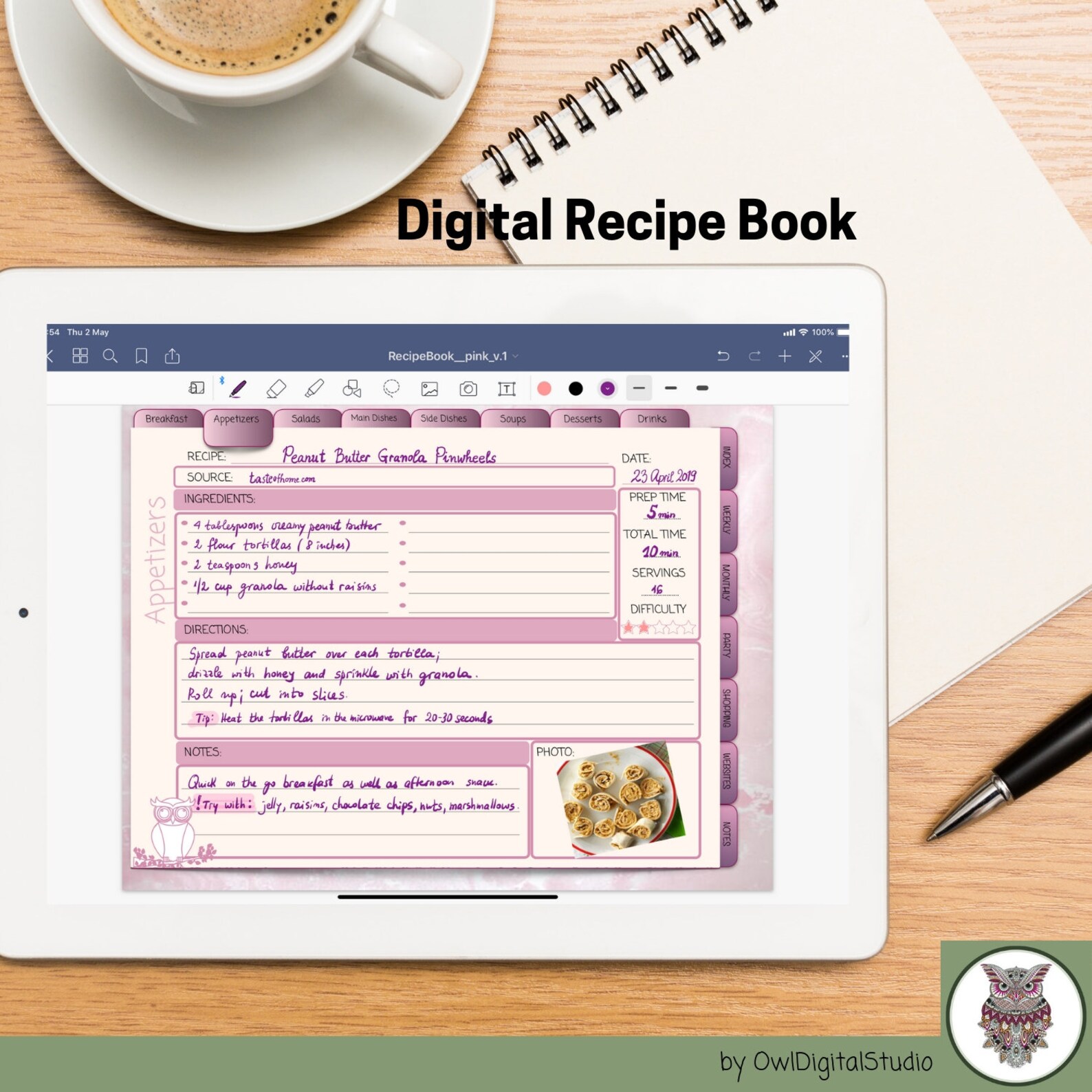 Digital Recipe Book, Digital Recipes Cookbook for Goodnotes Planner on ...