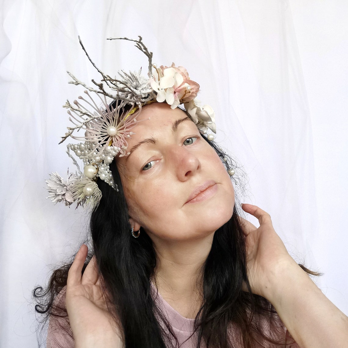 White Floral Crown Woodland Snow Crown Frosted Flowers Crown Christmas ...