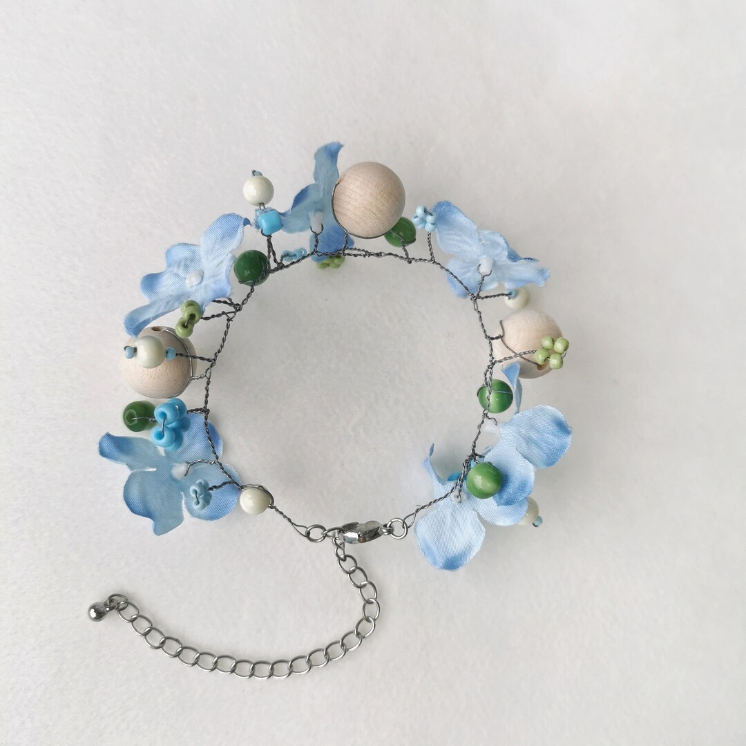 Blue Hydrangea Beaded Wedding Bracele Dainty Floral Wirework Boho ...