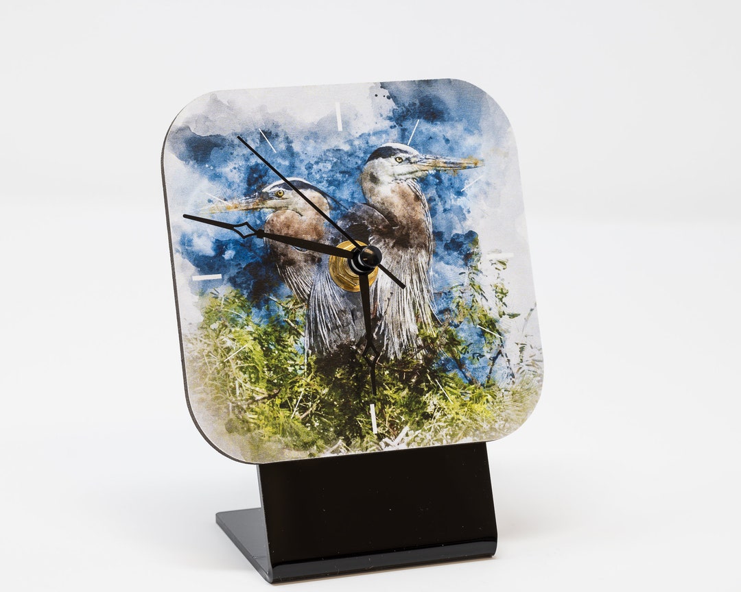 Great Blue Heron Watercolor Bird Desk Clock - Unique Artwork, Nature ...