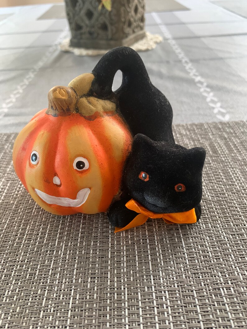Vintage Halloween, Flocked Black Cat, Jack O Lantern, Ceramic Figurine ...