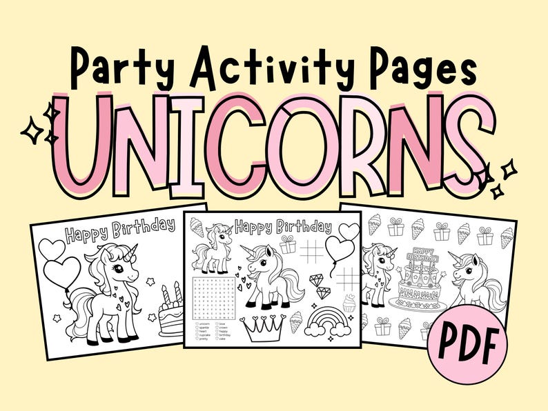 Printable Unicorn Party Activity Coloring Pages PDF Activity Mat ...