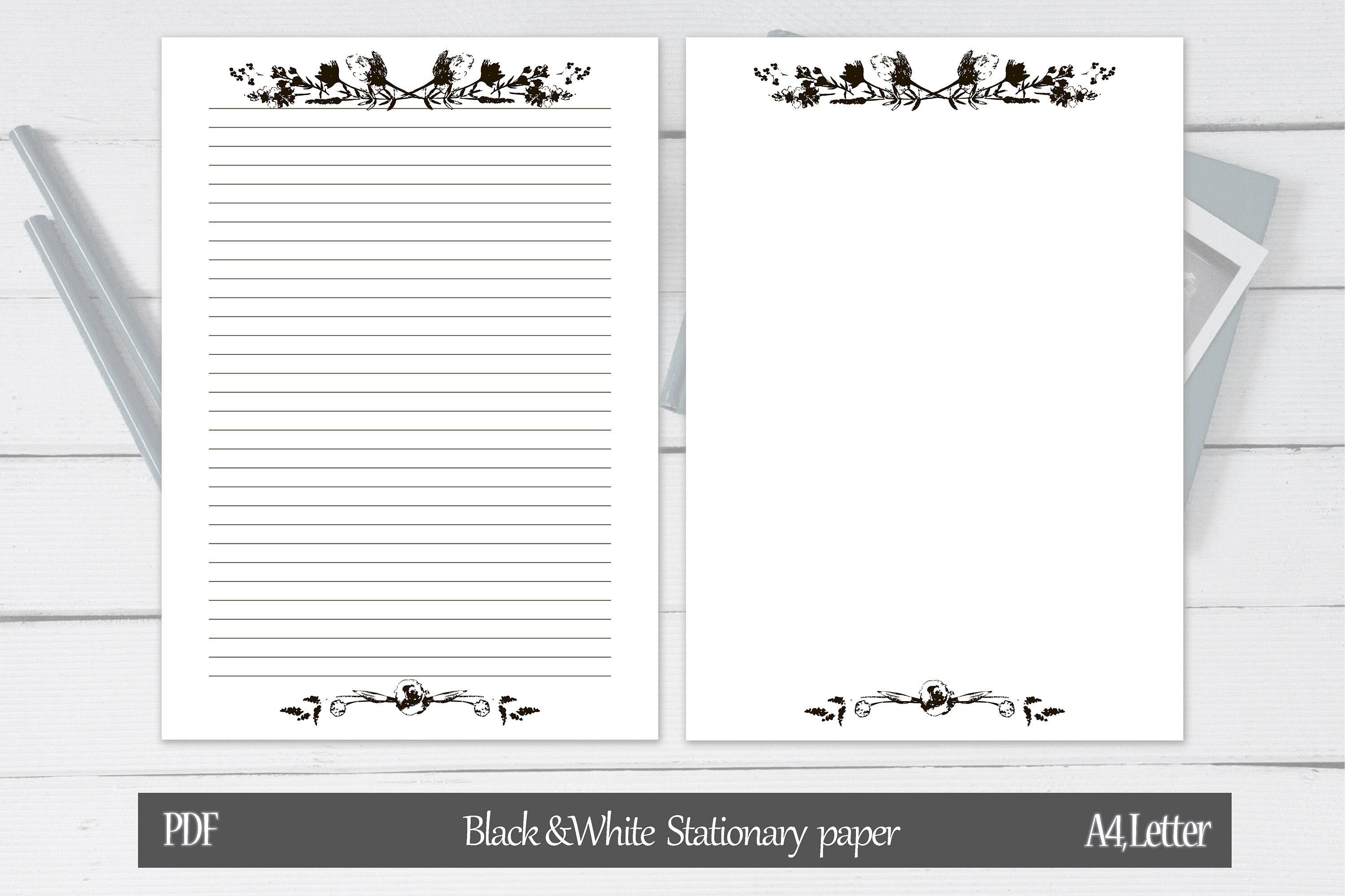 Black White Flowers Stationary Pages/ Lined Unlined Writing - Etsy España