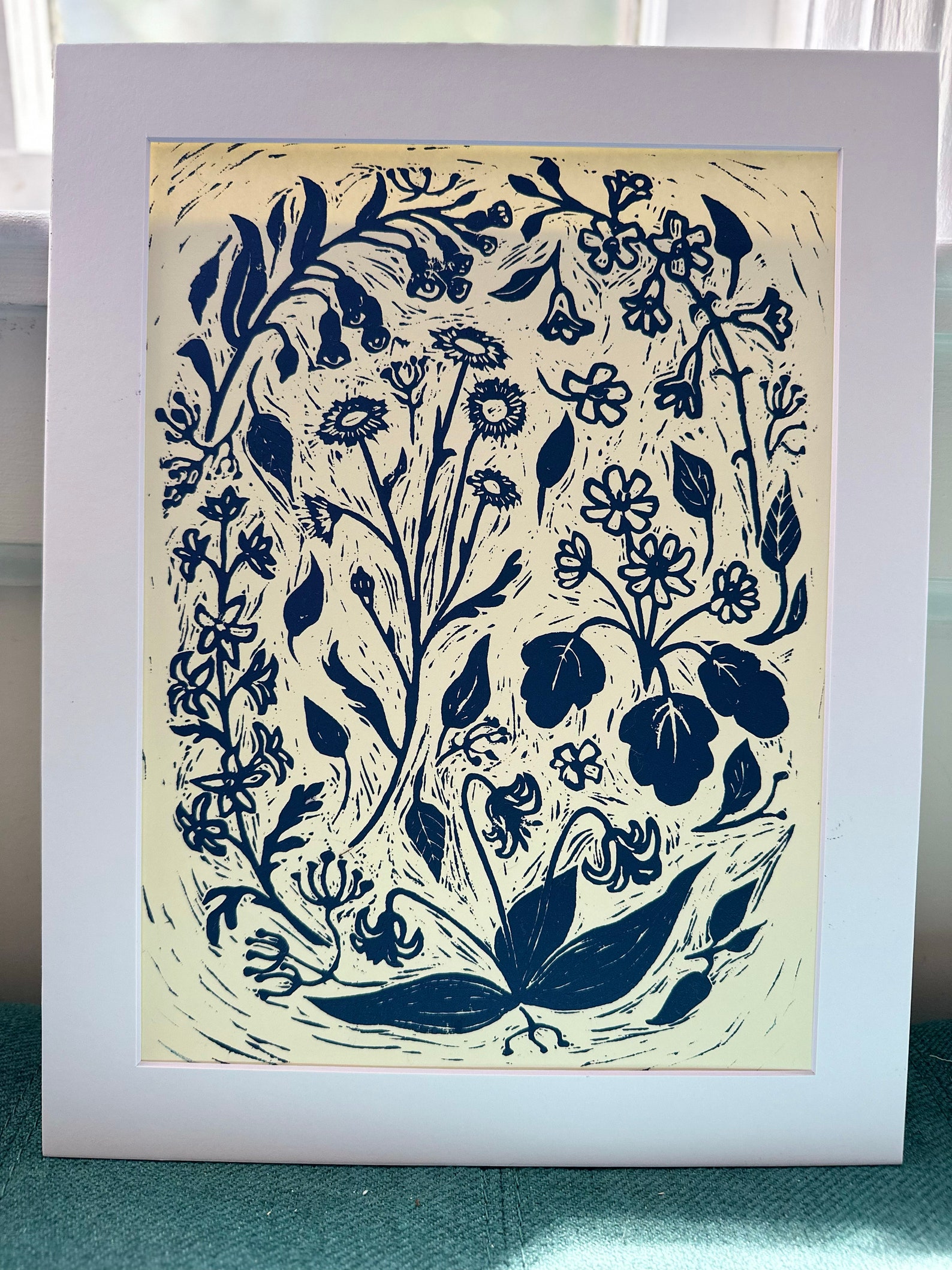 Wildflower Linocut Print | Navy Floral Block Print | Flowers Ink on ...