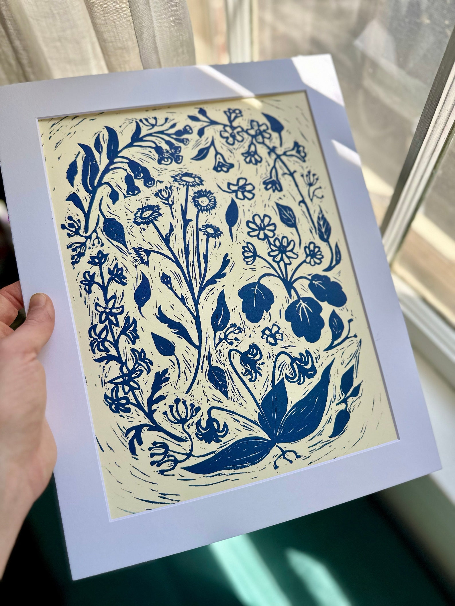Wildflower Linocut Print | Navy Floral Block Print | Flowers Ink on ...
