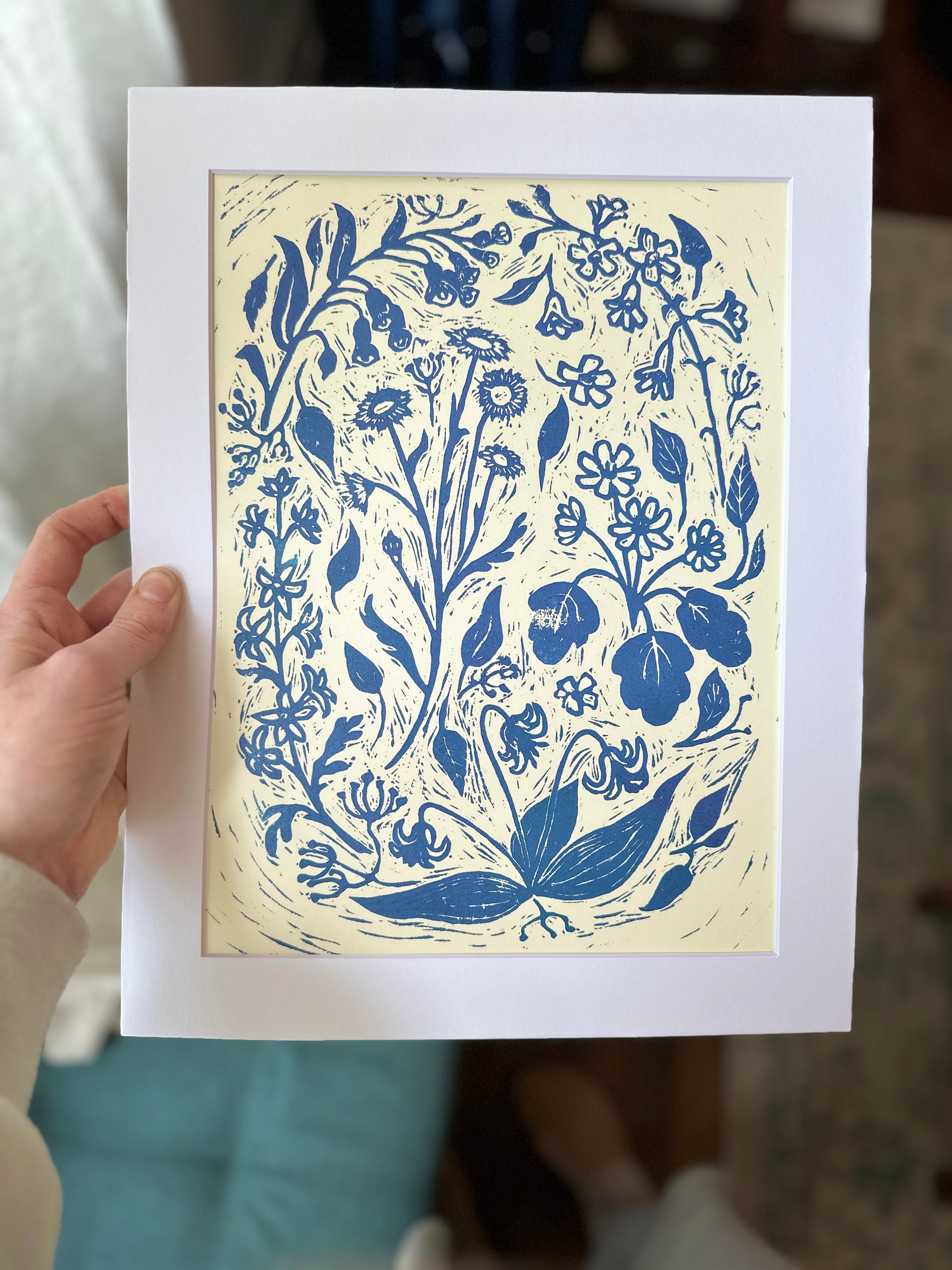 Wildflower Linocut Print: Navy Floral Block Print, Framed Original Art ...