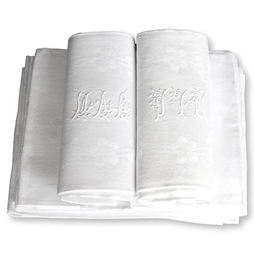 1920s French White Linen Dinner Napkins, W/ Hand-stitched "m A G ...