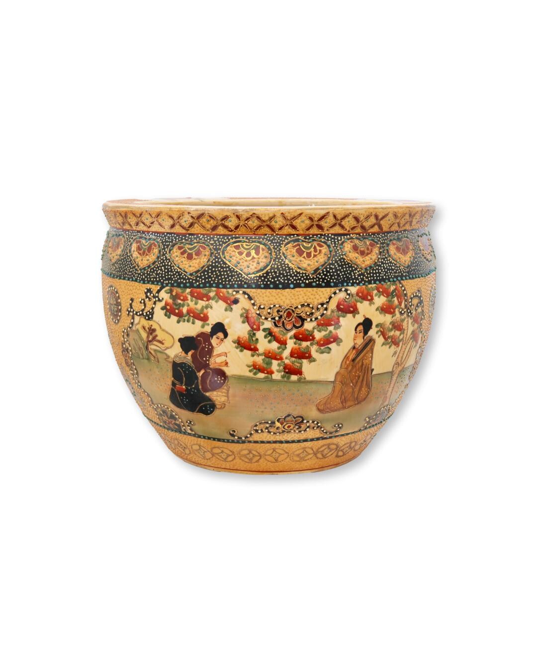 Large Vintage Japanese Satsuma Fishbowl Planter W/ Raised Enameling ...