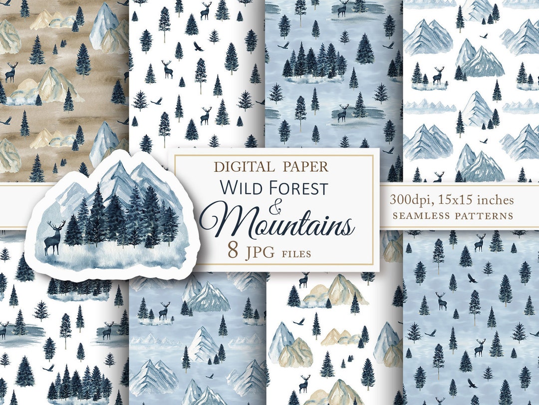 Winter Digital Paper Pack, Watercolor Wild Forest & Mountains Landscape ...
