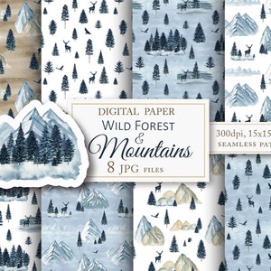 Winter Digital Paper Pack, Watercolor Wild Forest & Mountains Landscape ...