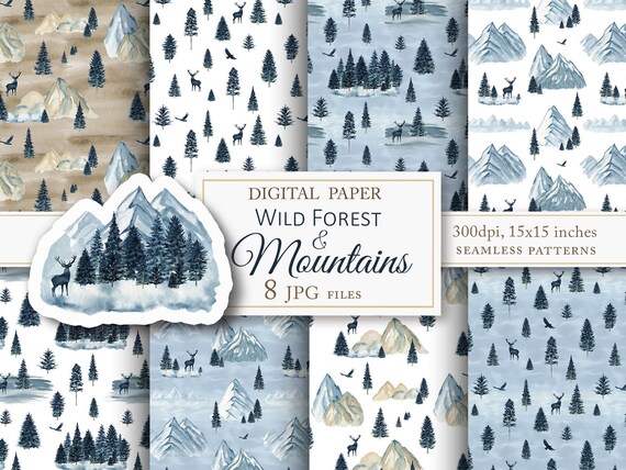 Winter Digital Paper Pack Watercolor Wild Forest & Mountains - Etsy