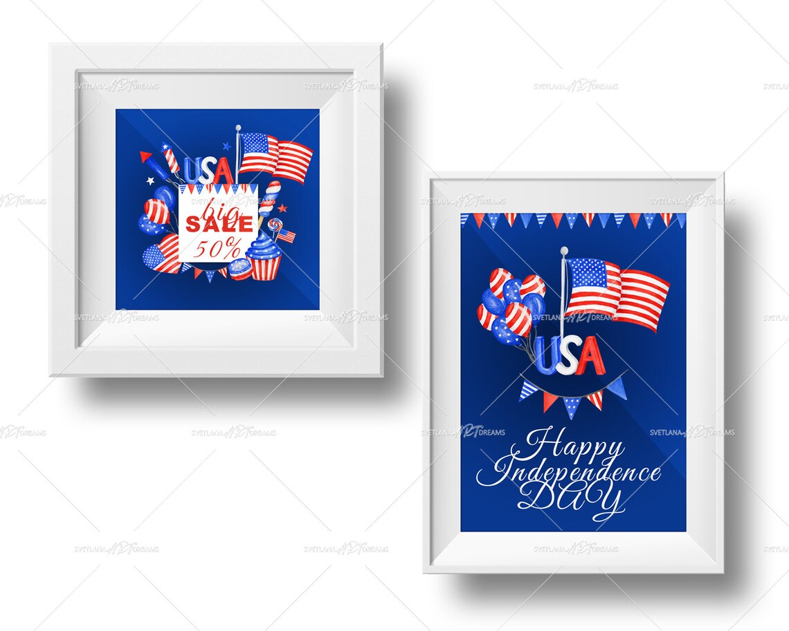 4th of July USA Flags Frame. American Patriotic Watercolor Collection ...