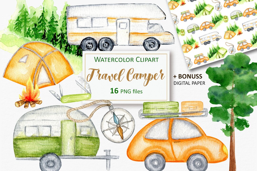 Watercolor Camper Travel Clipart PNG Wanderlust Clip Art Summer ...