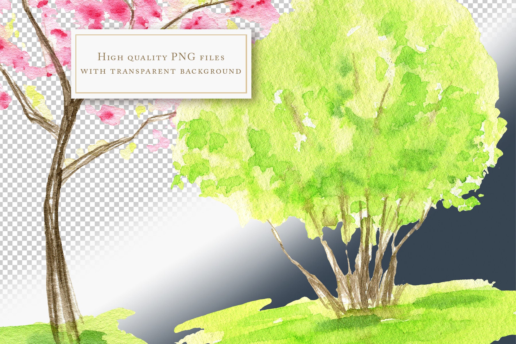 Watercolor Spring Trees Clipart, Blossom Mountain Landscape Clip Art ...