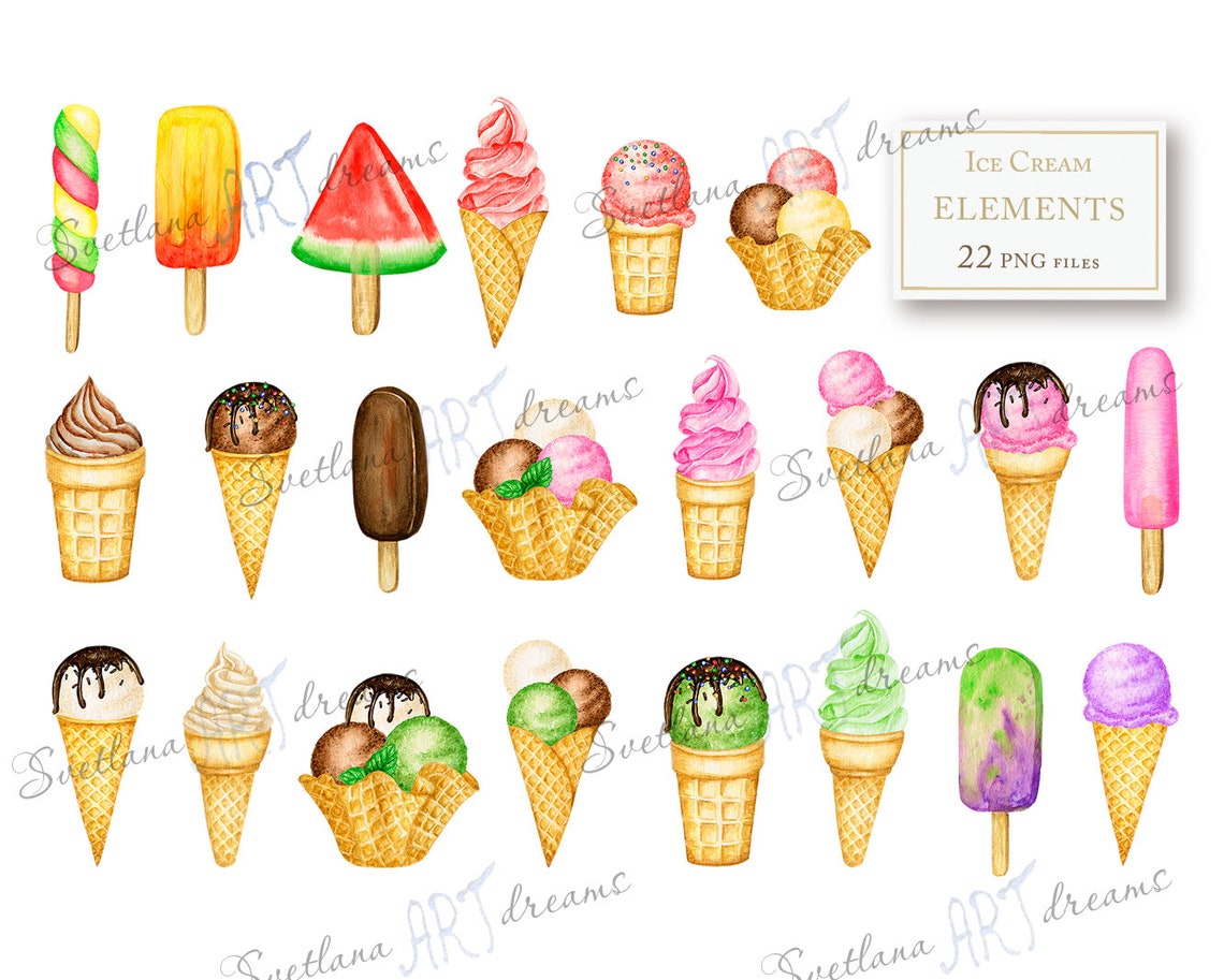 Ice Cream Watercolor Clipart. High Quality Hand Painted Ice Cream in ...