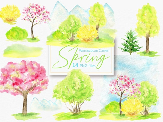 Watercolor Spring Trees Clipart Blossom Mountain Landscape | Etsy