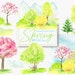 Watercolor Spring Trees Clipart, Blossom Mountain Landscape Clip Art ...