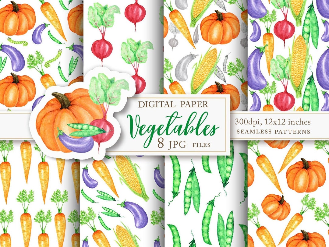 Watercolor Vegetable Seamless Patterns: Fall Harvest Digital Paper (JPG ...