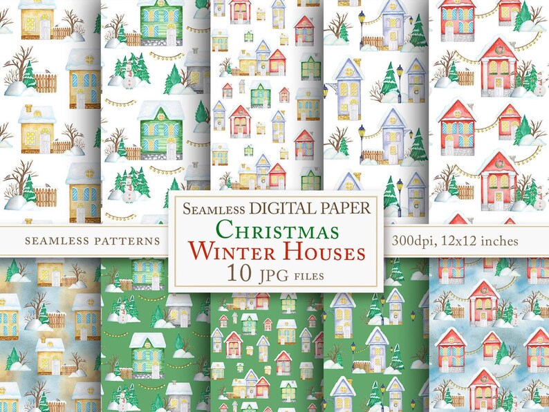 Christmas Winter Houses Digital Paper Watercolor Set Kids - Etsy