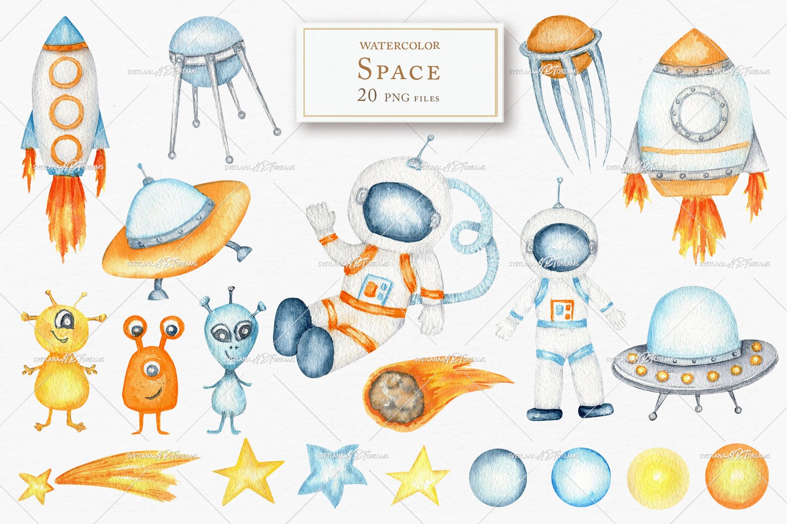 Watercolor Space Clipart: Astronaut, Rocket, Alien PNG (digital ...